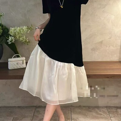 一起起夏上新真丝丝绒拼接真丝欧根缎高级百搭气质连衣裙