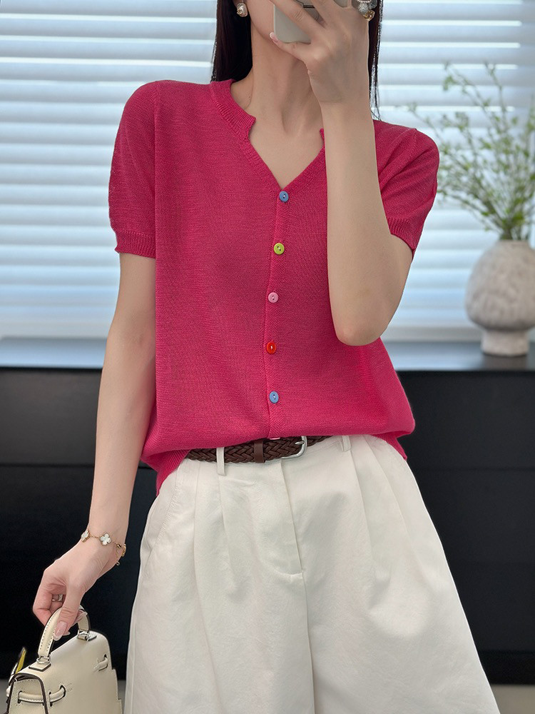 BM-1039 新款V领短袖针织开衫女宽松显瘦百搭毛衣外套上衣