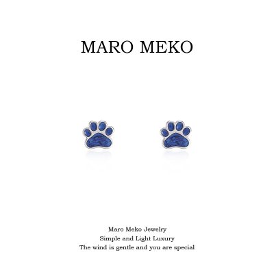 MaroMeko925银可爱蓝色猫爪耳钉