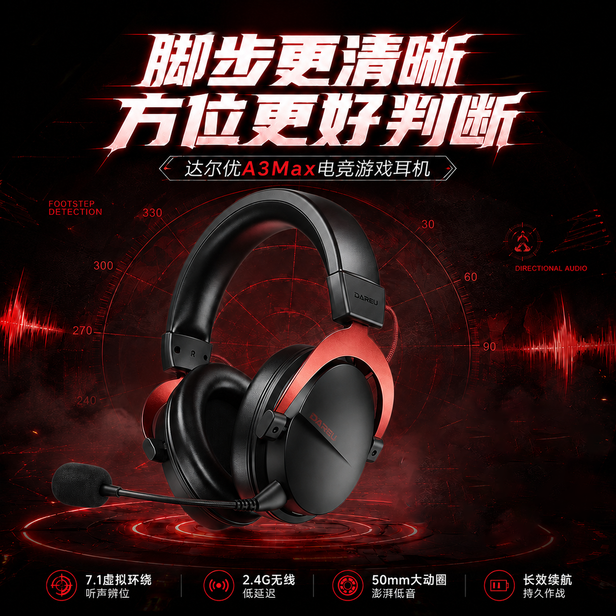 达尔优A3MAX头戴式蓝牙无线四模降噪麦克风听声辨位电竞游戏耳机