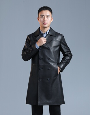 BGSD男士真皮双排扣商务休闲外套山羊皮皮衣peacoat中长款风衣