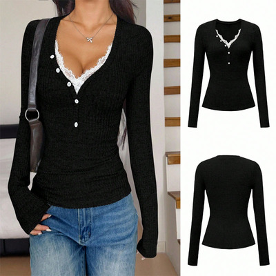 跨境针织蕾丝纽扣v领性感sweater