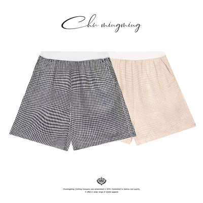亚麻细格纹简约经典休闲短裤
