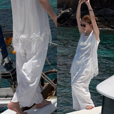 CHU楚妞[云眠]纯棉镂空刺绣休闲九分裤阔腿裤裤子LY2626002