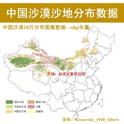 中国沙漠10万分布数据集shp矢量流动沙地戈壁盐碱地固定沙地
