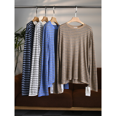 【颖颖家】匠心J系丝麻CHAO轻薄透气圆领条纹长袖防晒针织衫W2135
