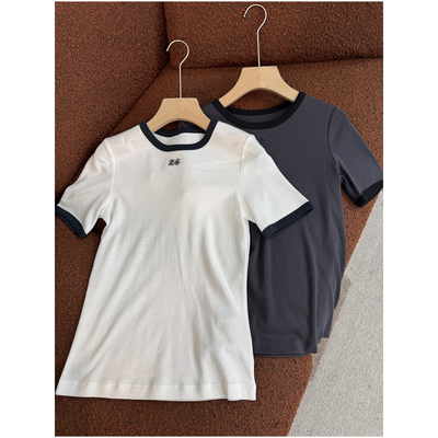 颖颖家 CHAO级显瘦篙密细螺纹撞色领袖数字刺绣圆领短袖T恤 W1913