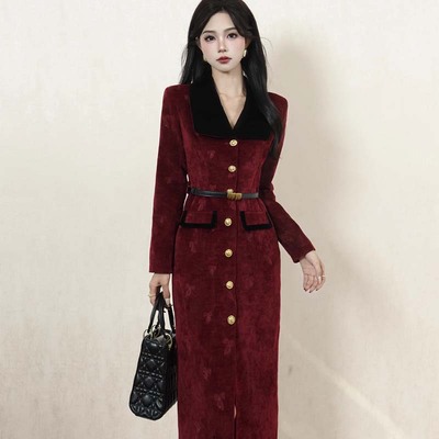 含腰带法式翻领打底裙子2025秋冬季新款拼色气质连衣裙QY0170