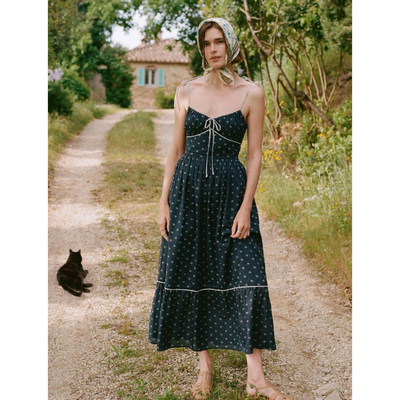 雪绿 CD法式复古蓝莓印花打揽松紧设计感长裙子 棉碎花绑带连衣裙