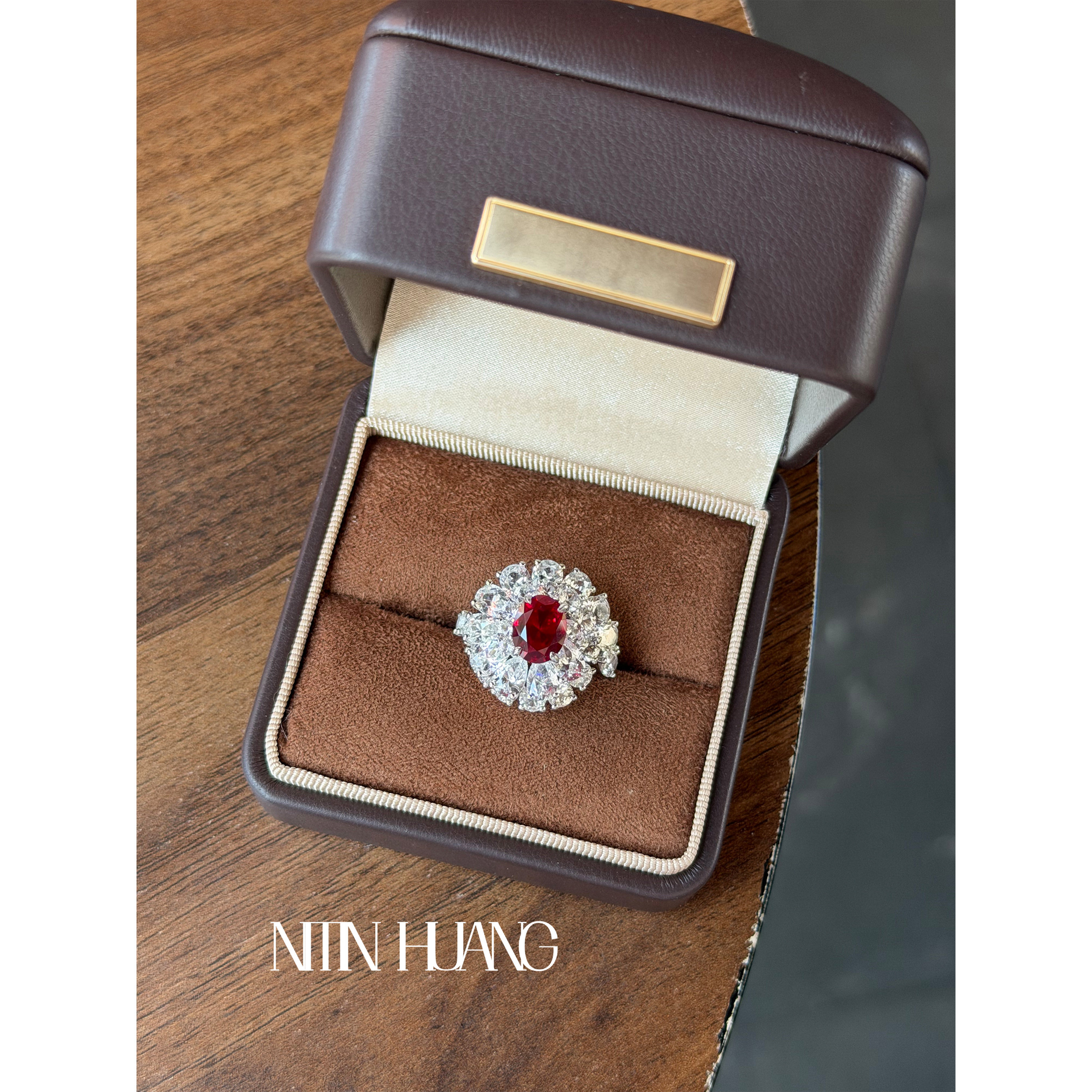 NITIN HUANG 培育红色蓝宝石高级时尚戒指 通体925纯银镀金