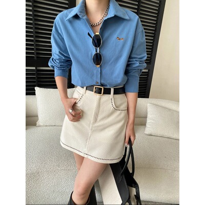 司南 早春新款 卡通小狗刺绣设计感翻领宽松全棉长袖衬衫 SN8563