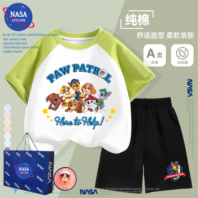 NASA发光汪汪队男童上衣套装夏季儿童新款亮灯纯棉短裤短袖两件套