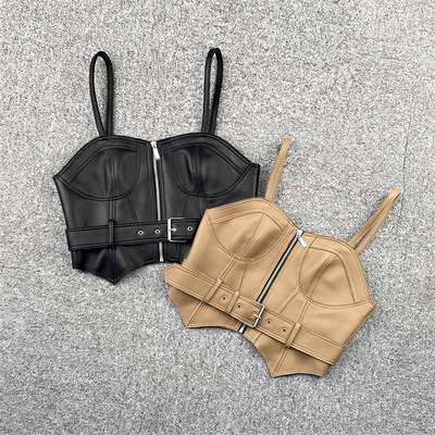 真皮皮衣吊带春秋新通勤机车腰带款外穿绵羊皮上衣抹胸小吊带