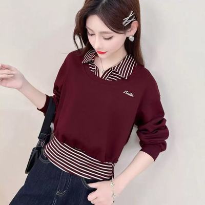 条纹POLO领两件套卫衣女春秋装2025新款短款宽松休闲灰色洋气上衣