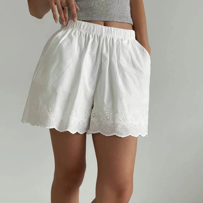 高腰发AKHG韩版短裤女花边刺绣
