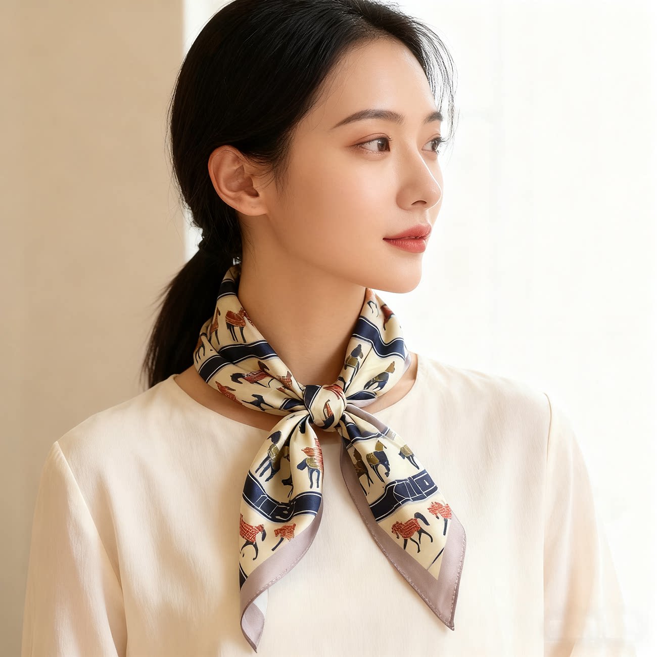 春秋季百搭条纹骏马印花围巾丝巾女式装饰领巾70CM方巾防风包头巾
