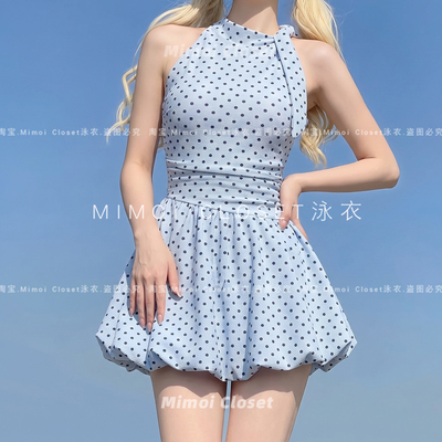 Mimoi Closet新款法式复古白波点高级裙式保守泳装温泉游泳衣女款