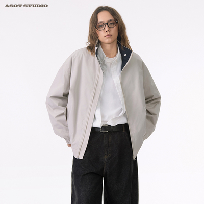 ASOT 纯色夹克中性风cozyfit春秋日系无性别撞色宽松休闲立领外套