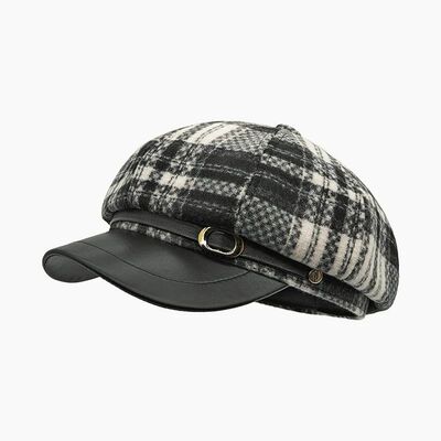 British-style PU + Plaid Wool Octagonal Hat, Vintage and