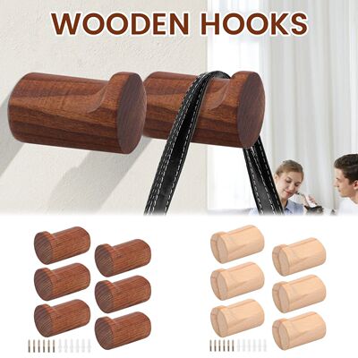 6Pcs Wood Clothes Hanger Wall Mounted Coat Handbag Hat Hook