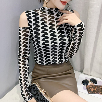 2022秋冬露肩时尚烫钻长袖女百搭性感半高领气质上衣打底衫8996实