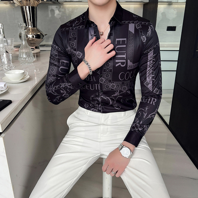 翻领长袖欧美时尚个性印花衬衫