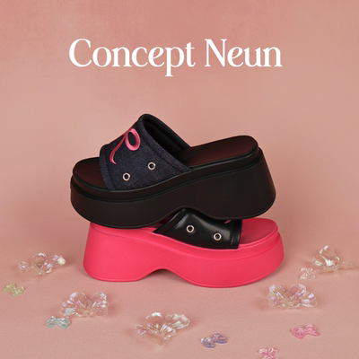 Concept Neun【超舒适~】凉拖女鞋厚底蝴蝶结刺绣增高牛仔粉色