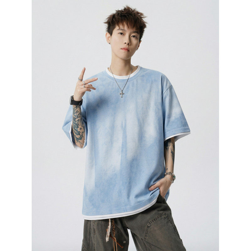 HANSHIXUN 美式扎染双纱满天星假两件短袖男夏季新款潮牌宽松T恤
