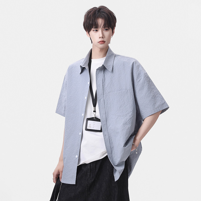 HANSHHIXUN 泡泡格短袖衬衫男夏季肌理感透气速干宽松大码衬衣潮