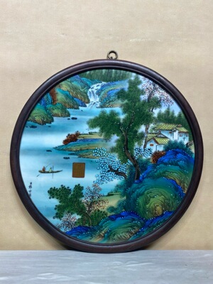 郎世宁作品鸡翅木镶瓷板画粉彩山水挂屏纯手绘圆形陶瓷画装饰画