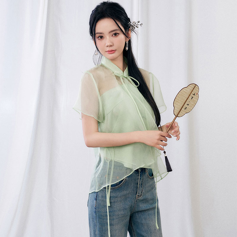 早春新款宽松百搭短袖女设计感小众桑蚕真丝欧根纱系带衬衫