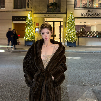 法式中古风浴袍紫貂水毛环保皮草