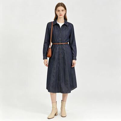 AA5623外贸牛仔连衣裙女新款翻领单排扣长袖宽松中长款牛仔衬衣裙