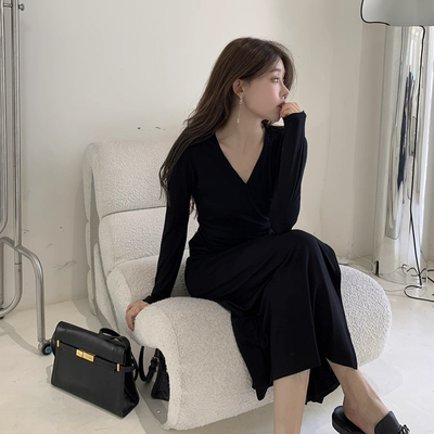 AA2661任3件包邮外贸欧美女装薄款针织裙秋款交叉V领收腰连衣裙