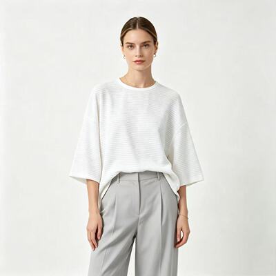 G6667外贸欧美肌理感 T 恤女宽松圆领弧形下摆慵懒风中袖百搭上衣