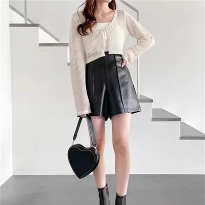 FF4-2日本原单Heather高腰纯色百搭甜美半身裙pu高腰皮裤短裤