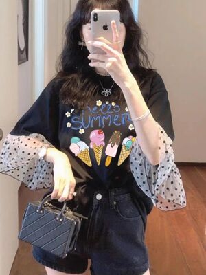 韩国东大门波点拼接t恤女夏季新款吸汗透气纯棉显瘦宽松气质上衣