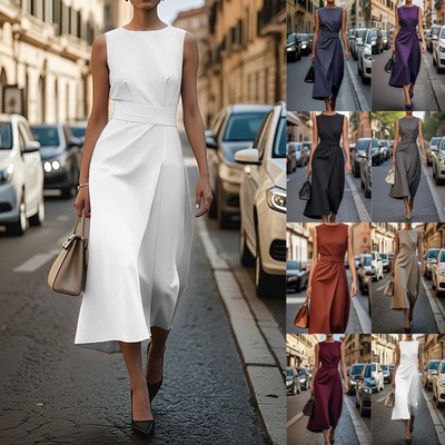 无袖圆领时尚休闲长款连衣裙女