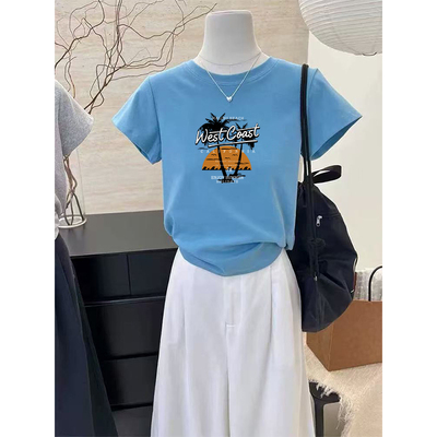 海蓝色正肩短袖t恤女夏季圆领体恤衫韩版修身显瘦百搭休闲上衣ins