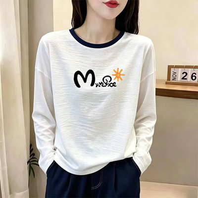 2026春秋竹节棉长袖t恤女装撞色拼接宽松大码打底衫通勤印花上衣