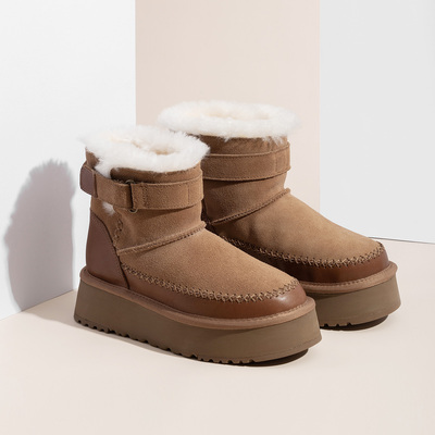 瑞秋切克靴防滑厚底女款羊皮毛一体雪地靴羊毛冬季棉鞋河南桑坡村