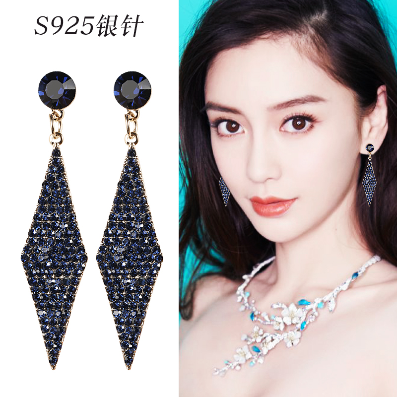 原创设计S925纯银针中性耳环个性菱形满钻长款显脸瘦的耳钉耳坠女_虎窝淘