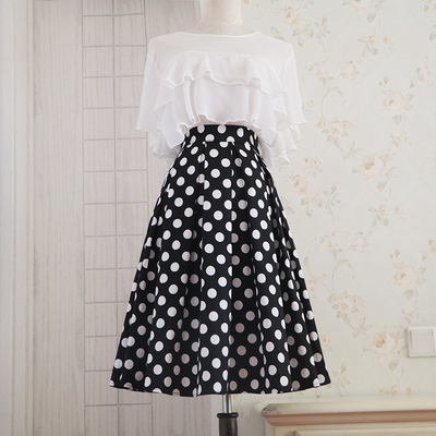 欧美波点印花大摆伞百褶半身裙