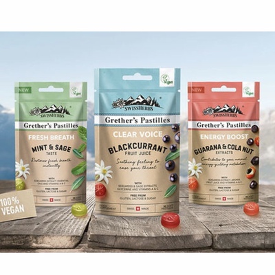 瑞士 Grether's Pastilles无糖草本果味精油润喉橡皮糖舒缓喉咙
