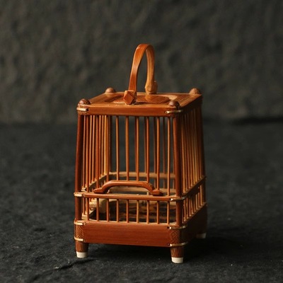 精品徽派名家李永攀纯手工精工制作竹丝扎嘴方形小虫笼竹制鸣虫笼