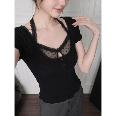 夏季新款辣妹纯欲风修身蕾丝拼接挂脖短袖T恤女上衣CSKDG01607