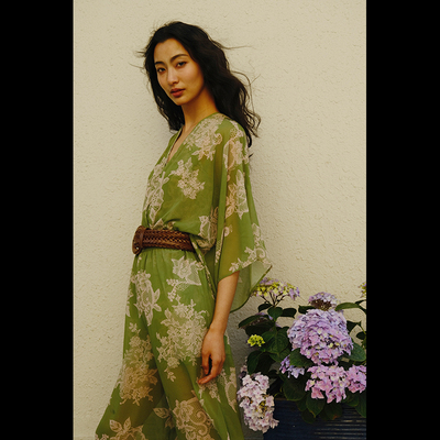 2025LISAYU印花雪纺垂感连体裤连衣裤绿色花卉超长连体裤