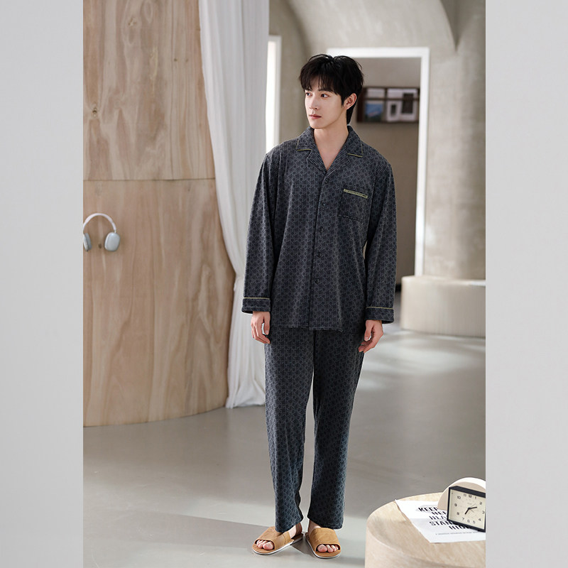 雅巧64443冬季男士印花恒温双面海岛绒家居服套装
