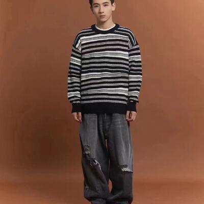 时尚简约男针织毛衣打底衫2024秋冬新款潮牌韩版条条毛衣88015