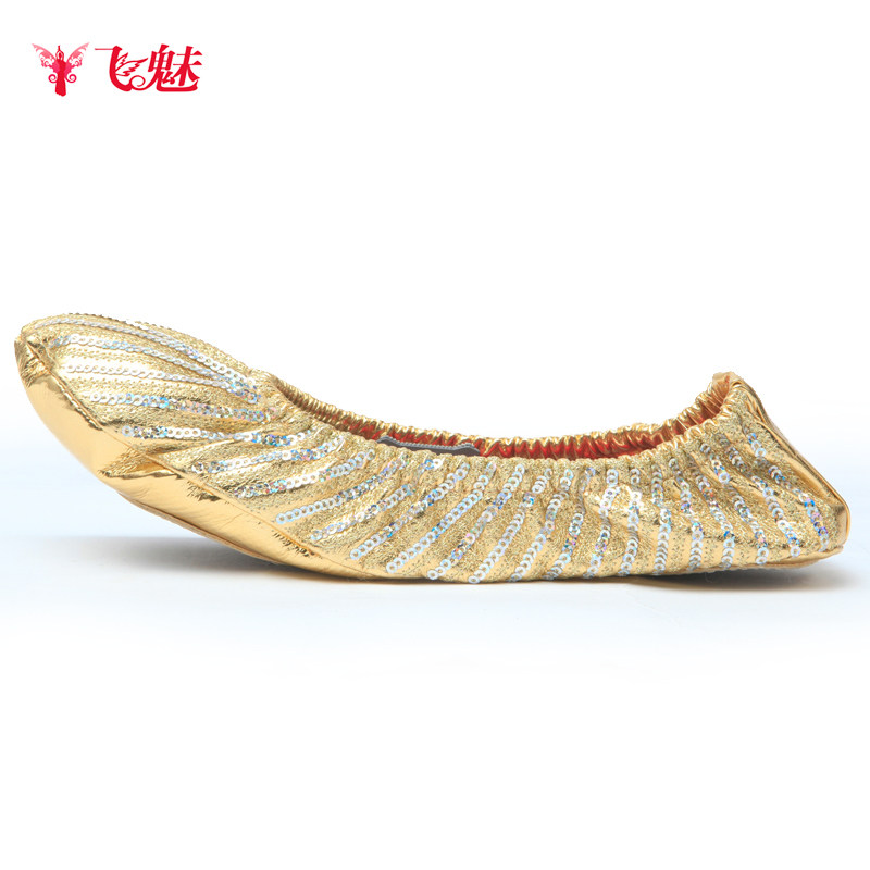 飞魅 肚皮舞鞋子金色亮片 平底软底舞蹈鞋 体操芭蕾舞练功练舞鞋